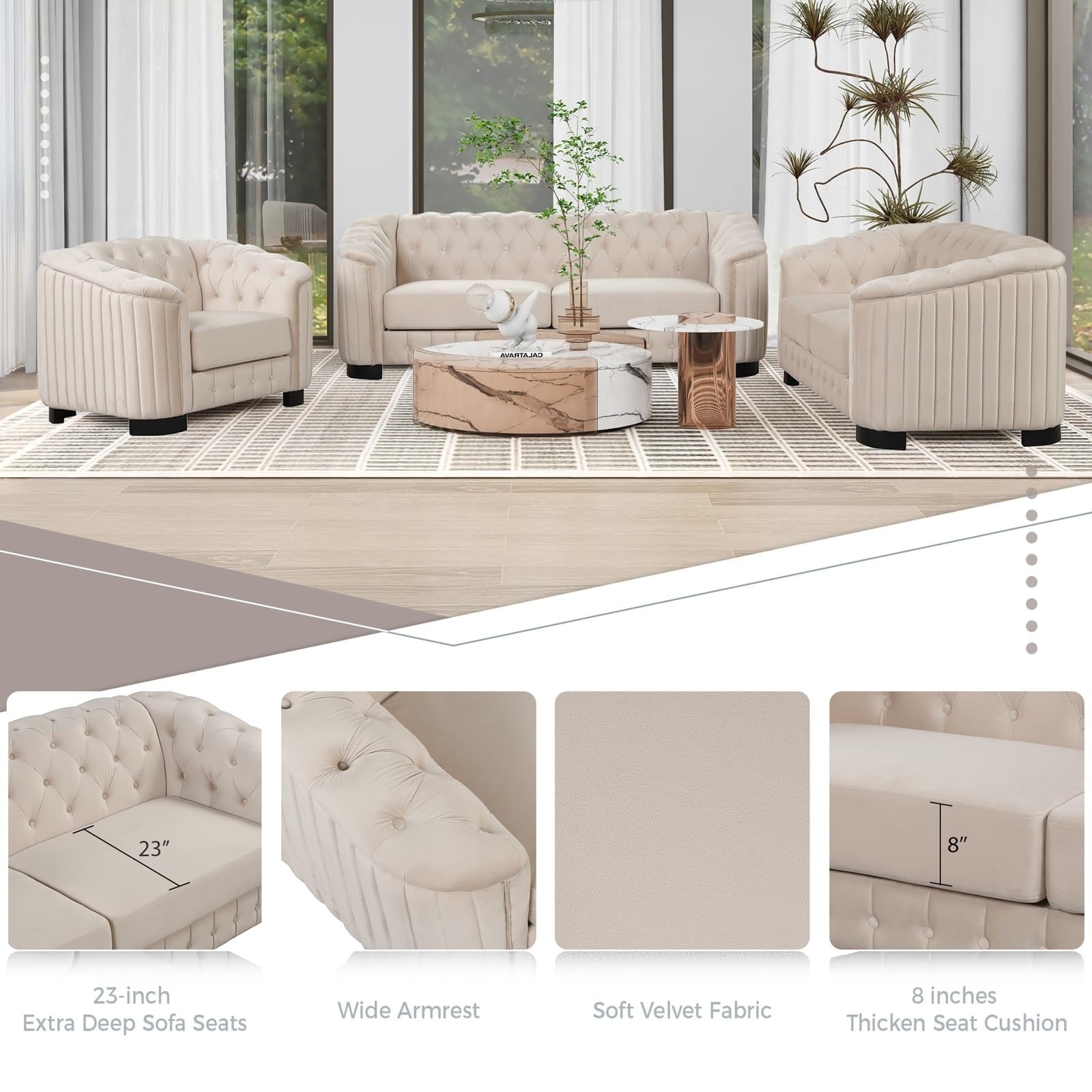 Daesar 41.5" Velvet Upholstered Accent Sofa, Modern Single Sofa Chair with Thick Removable Seat Cushion, Modern Single Couch for Living Room, Bedroom, Or Small Space, Beige