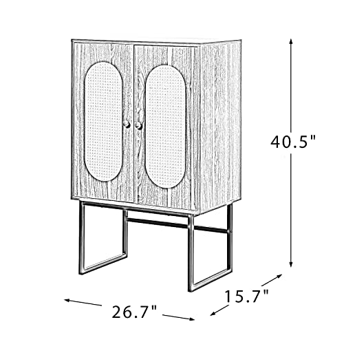 Voohek High 2 Rattan Doors, Interior Shelves and Black Metal Base, Sideboard w/Simulated Wood Patterns & Retro Knobs Elements On Surface, Walnut Storage Cabinet, Espresso
