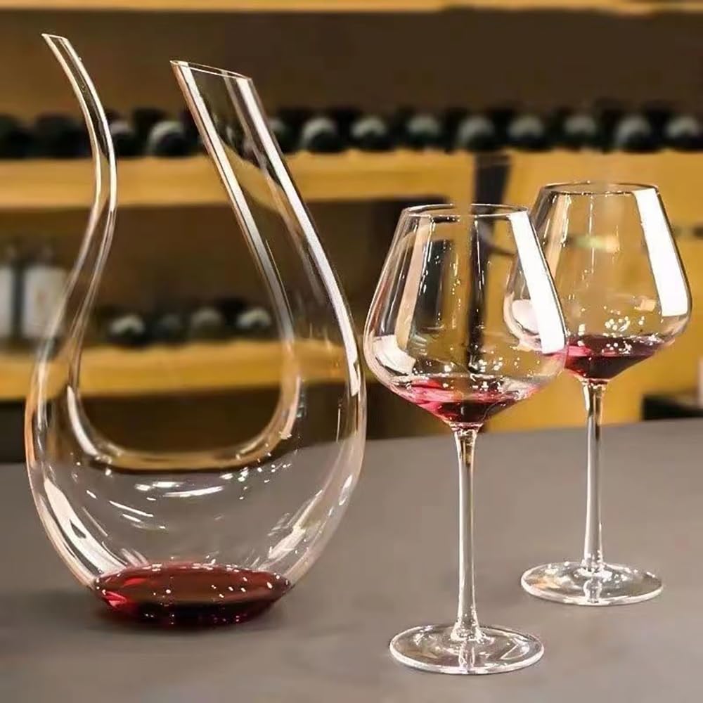 Luxurious 6-Piece Footed Crystal Red Wine Glass and Burgundy Decanter Set for Home, Premium wine glass gift set (Burgundy 6 pieces + U-shaped decanter)