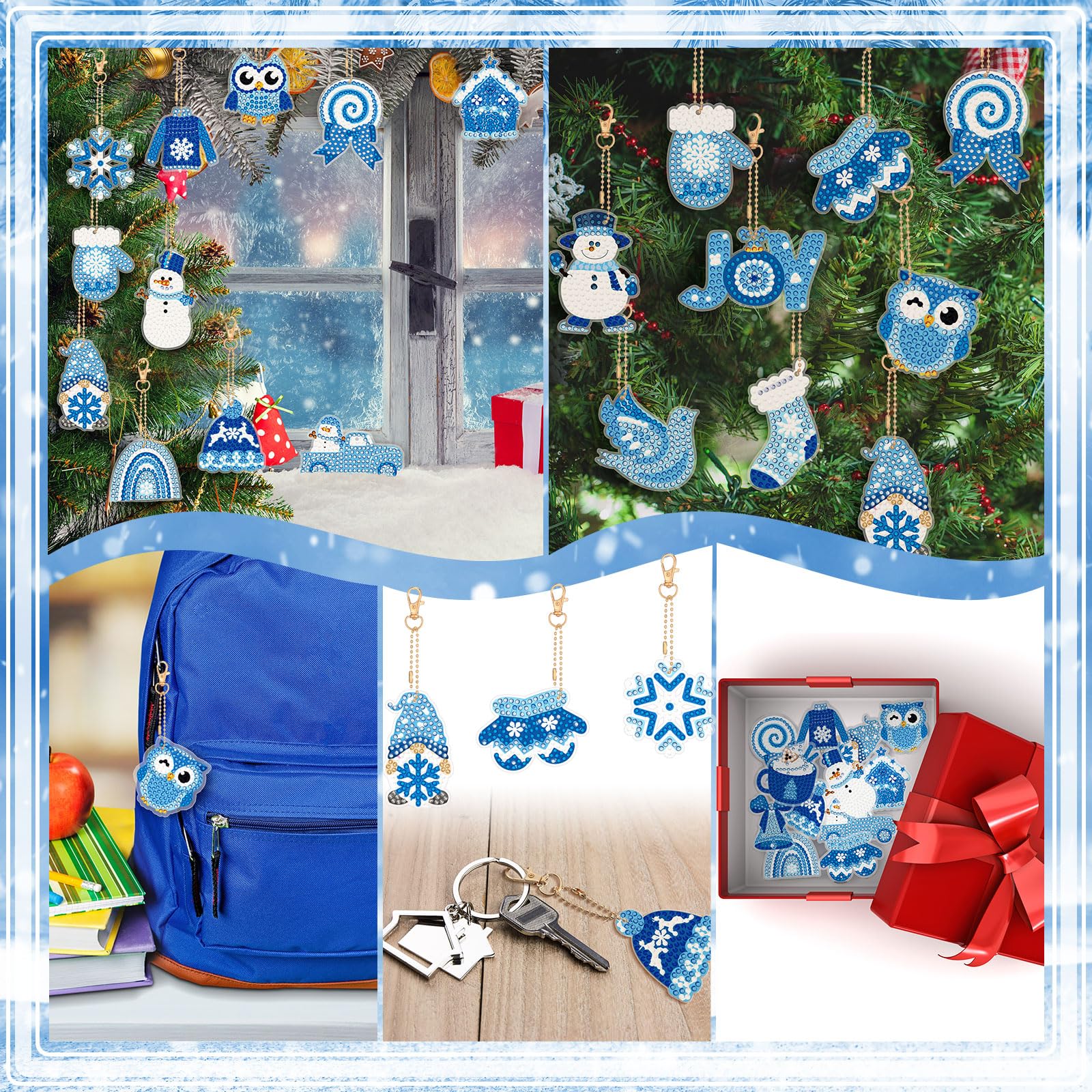 Remuuly 24 Pcs Winter Diamond Painting Keychain 5d Double Sided DIY Diamond Art Keychains Snowflake Snowmen Owl Diamond Painting Ornaments Full Diamond Painting for Valentine's Day Gift Holiday Decor