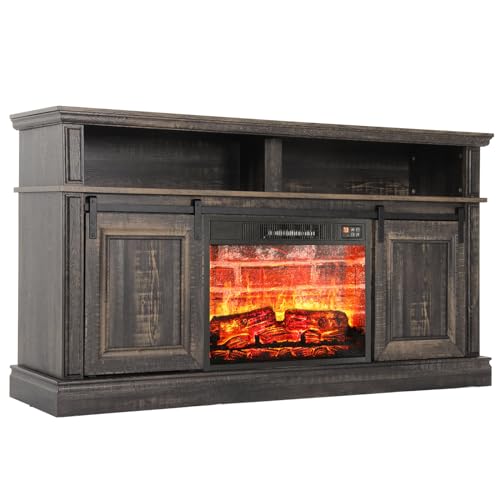 LGHM Farmhouse TV Console for 65 inch TV, Dark Rustic Oak Entertainment Center with Electric Fireplace, Sliding Barn Door