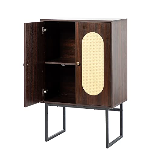 Voohek High 2 Rattan Doors, Interior Shelves and Black Metal Base, Sideboard w/Simulated Wood Patterns & Retro Knobs Elements On Surface, Walnut Storage Cabinet, Espresso