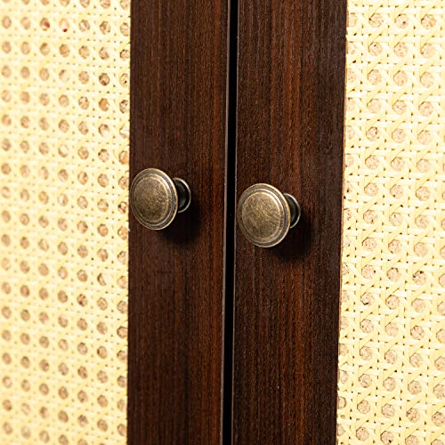 Voohek High 2 Rattan Doors, Interior Shelves and Black Metal Base, Sideboard w/Simulated Wood Patterns & Retro Knobs Elements On Surface, Walnut Storage Cabinet, Espresso
