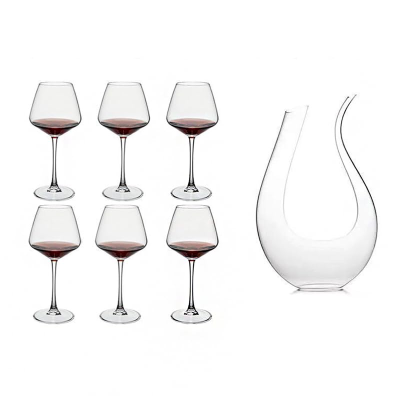 Luxurious 6-Piece Footed Crystal Red Wine Glass and Burgundy Decanter Set for Home, Premium wine glass gift set (Burgundy 6 pieces + U-shaped decanter)
