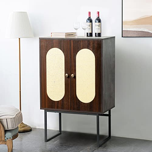 Voohek High 2 Rattan Doors, Interior Shelves and Black Metal Base, Sideboard w/Simulated Wood Patterns & Retro Knobs Elements On Surface, Walnut Storage Cabinet, Espresso