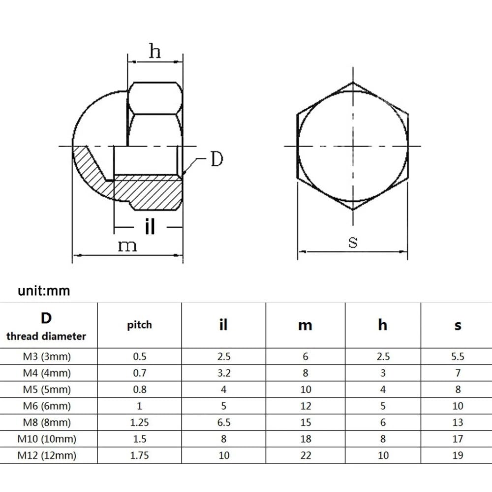 RWRAPS 1/5/10pcs M3 M4 M5 M6 M8 M10 M12 304 Stainless Steel Surface Black Hex Acorn Cap Decorative Cover Semicircle Dome Nut (Size : 10pcs M3)