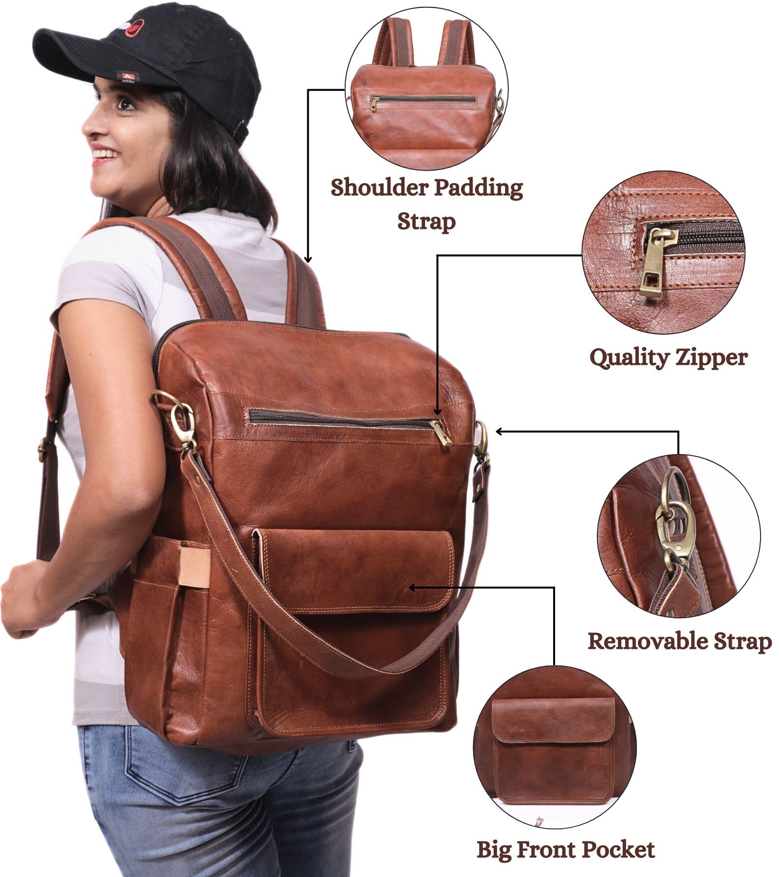 Genuine Leather Laptop Backpack for Women Designer Brown Leather Backpack Purse with 15.6-inch Laptop Computer Compartment Best for Work, Travel, and Daily Use