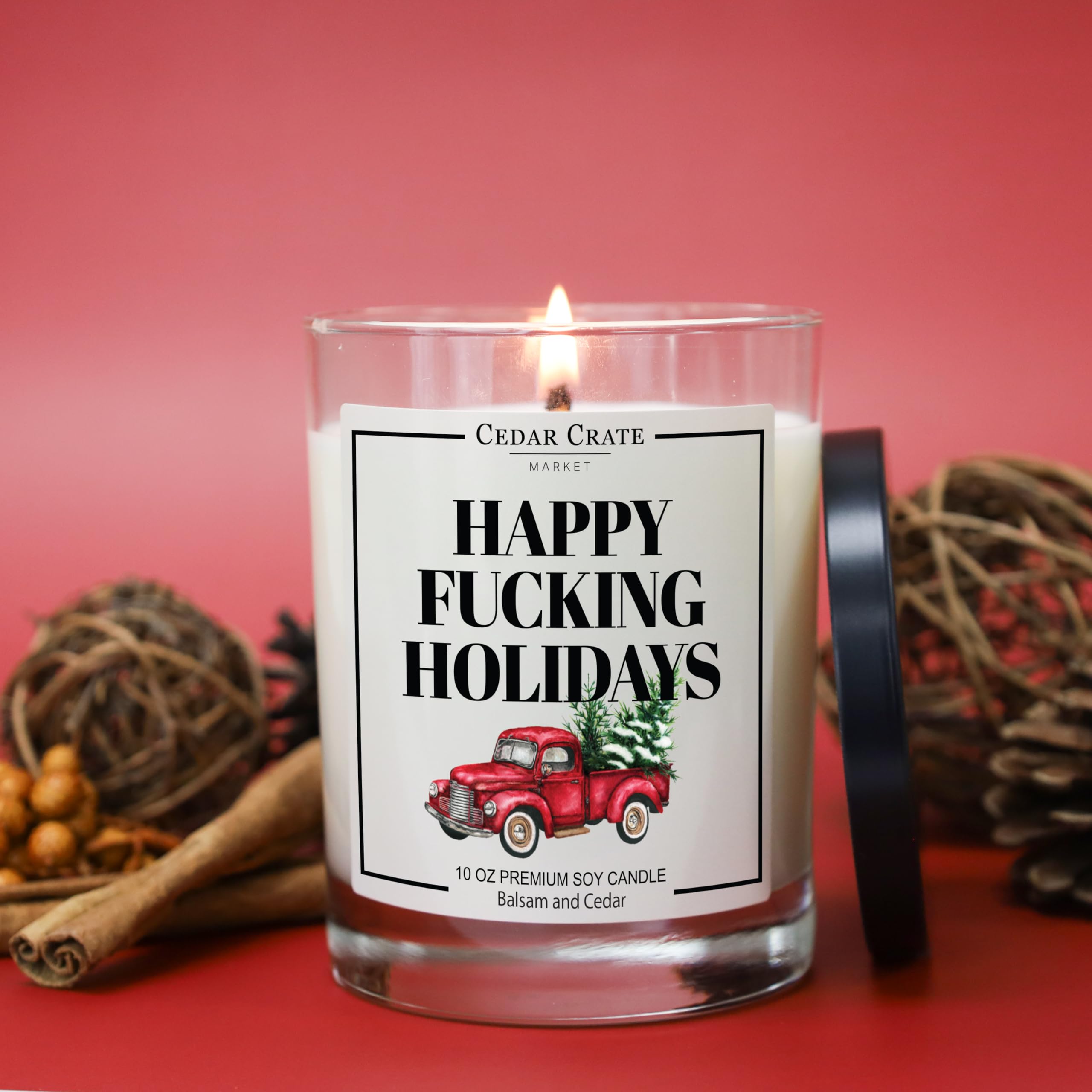 Cedar Crate Market - Happy Holidays! Christmas Candle - Warm Toasted Marshmallow, Vanilla and Fire Scented Soy Candles for Home | 13.5 oz Clear Jar, 55+ Hour Burn Time, Made in The USA