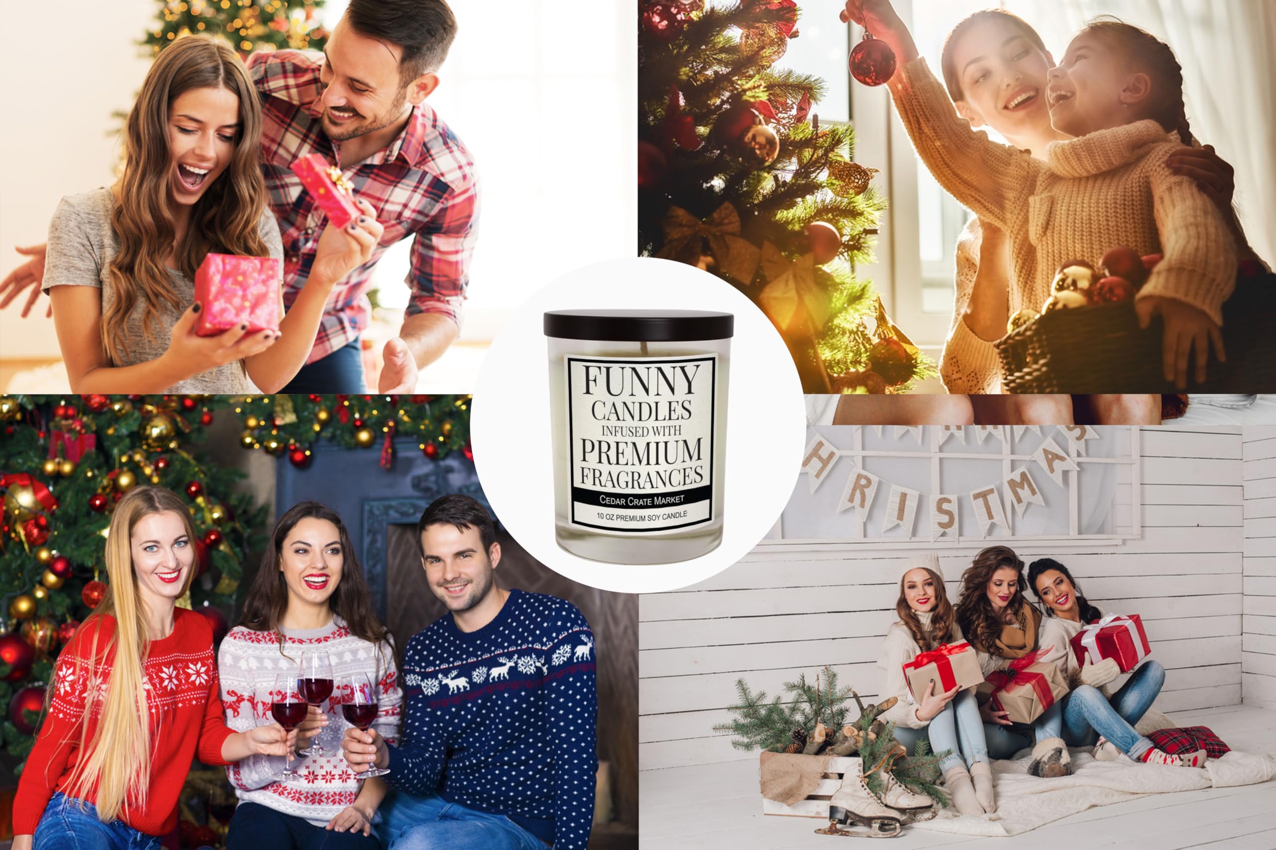 Cedar Crate Market - Happy Holidays! Christmas Candle - Warm Toasted Marshmallow, Vanilla and Fire Scented Soy Candles for Home | 13.5 oz Clear Jar, 55+ Hour Burn Time, Made in The USA