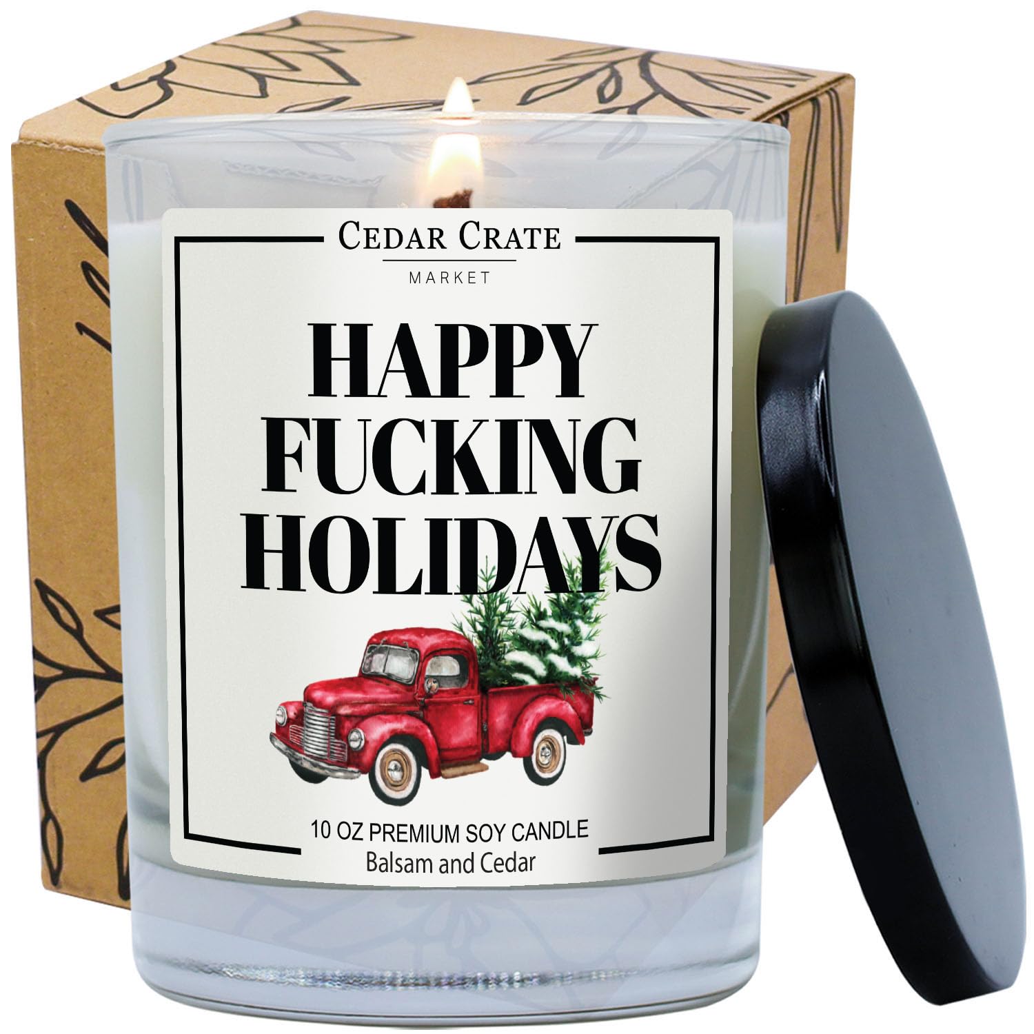 Cedar Crate Market - Happy Holidays! Christmas Candle - Warm Toasted Marshmallow, Vanilla and Fire Scented Soy Candles for Home | 13.5 oz Clear Jar, 55+ Hour Burn Time, Made in The USA