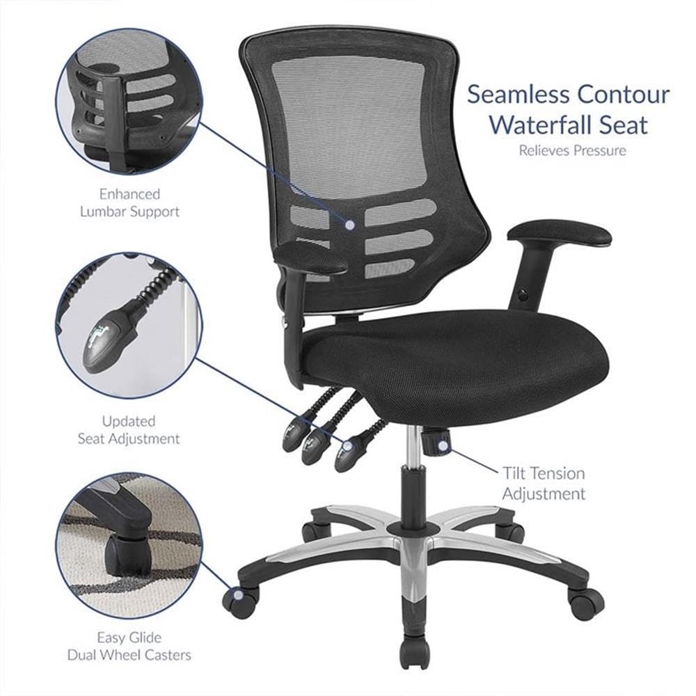 Pemberly Row Adjustable Swivel Mesh Fabric Office Chair in Black