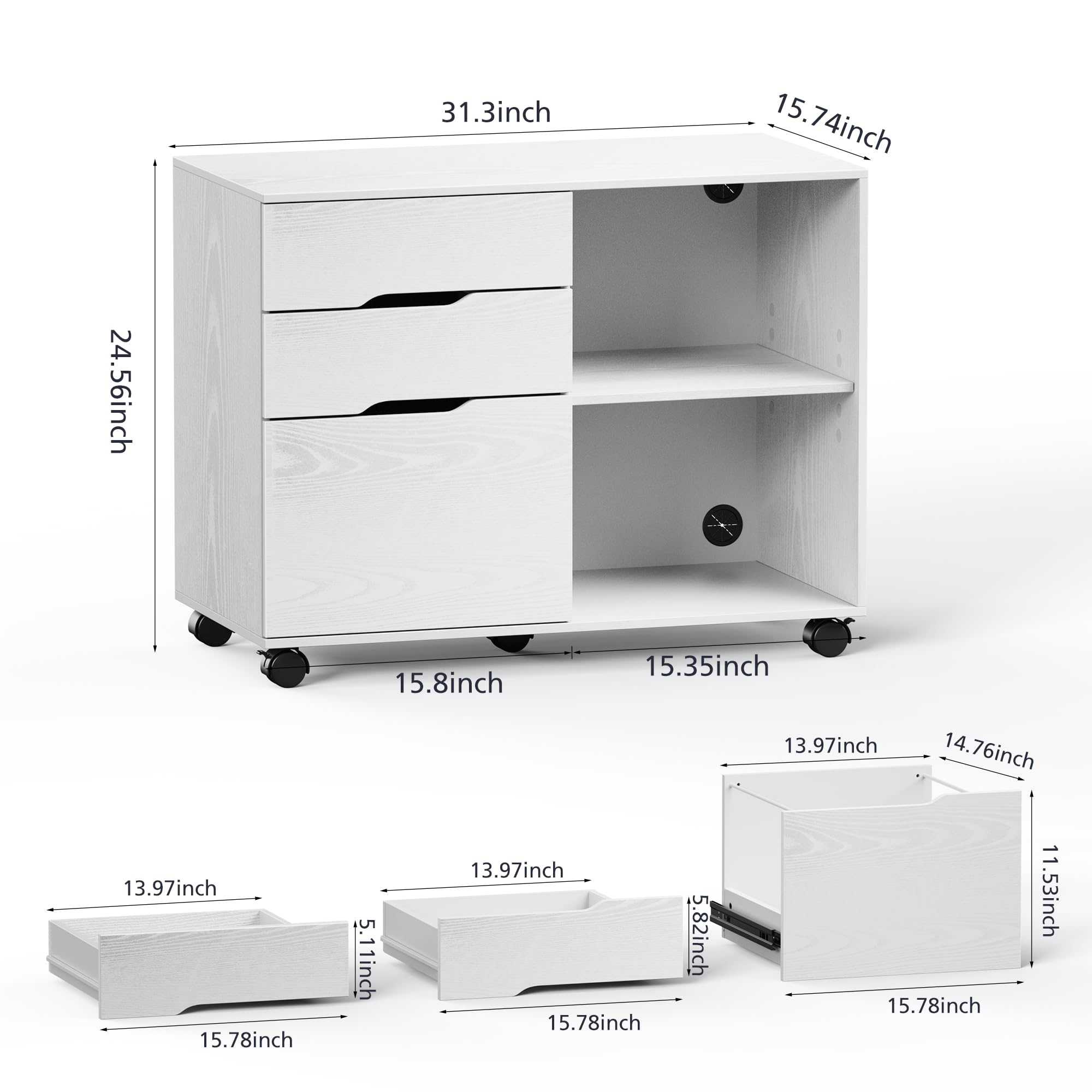 NEWBULIG 3-Drawer Mobile Cabinet,Wood Lateral Filing, Printer Stand with Open Adjustable Storage Shelves and Wheels for Home Office,White
