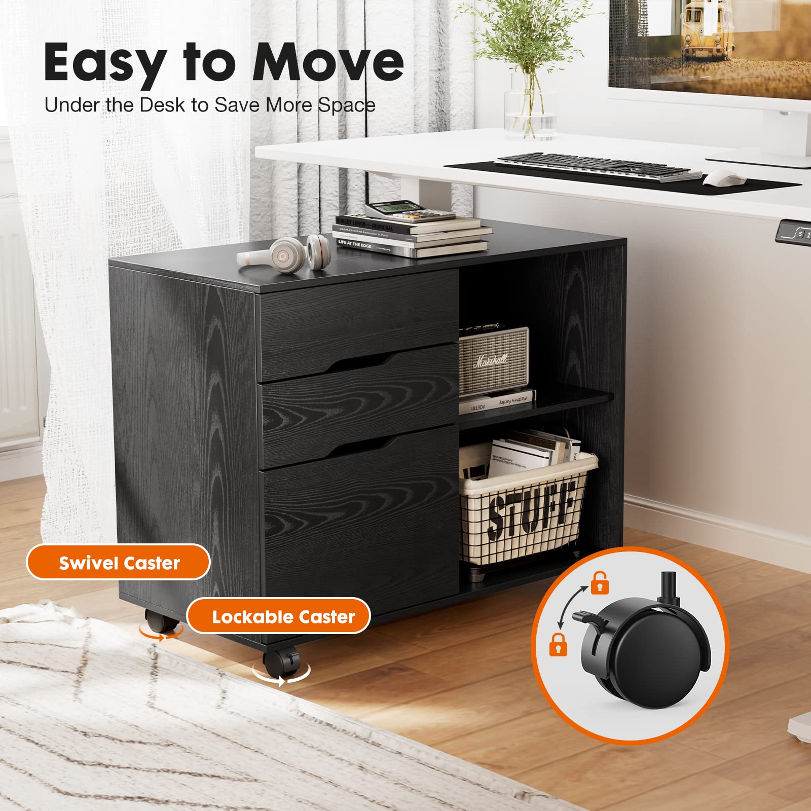 NEWBULIG 3-Drawer Mobile Cabinet Wood Lateral Filing, Printer Stand with Open Adjustable Storage Shelves and Wheels for Home Office, Black