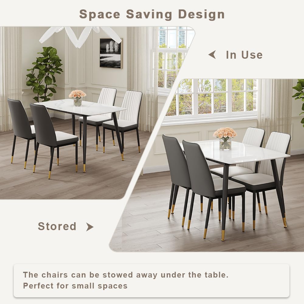 WEKEOT 50" White Modern Sintered Stone Dining Table Set for 4 Faux Marble Dining Table with 4 Upholstered PU Leather Chair Dining Room Table Set(1White Table+4White and Gray Chairs)