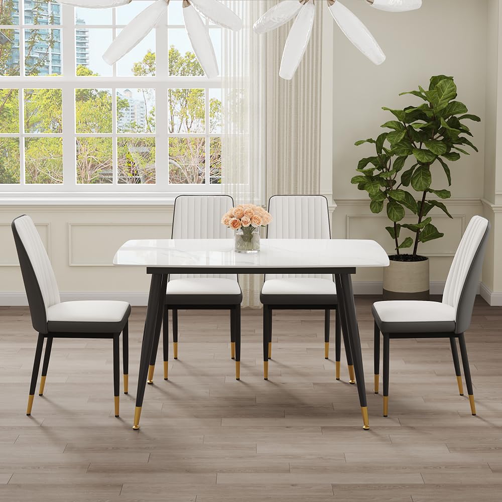 WEKEOT 50" White Modern Sintered Stone Dining Table Set for 4 Faux Marble Dining Table with 4 Upholstered PU Leather Chair Dining Room Table Set(1White Table+4White and Gray Chairs)