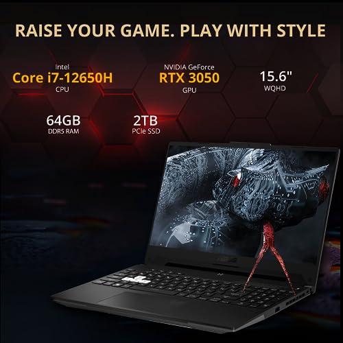 Asus TUF F15 15.6'' WQHD 144Hz Gaming Laptop, Intel 12th Core i7-12650H, NVIDIA GeForce RTX 3050 Graphics, 64GB DDR5 RAM, 2TB PCIe SSD, Backlit Keyboard, Win 11, Black, 32GB USB Card (Renewed)