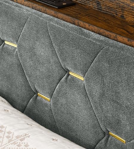CuisinSmart Queen Size Bed Frame with Headboard,Storage & USB Ports & Outlets,No Box Spring Needed,78.5" x 57",Grey Bed Frame Furniture for Bedroom,Farmhouse,Hotel