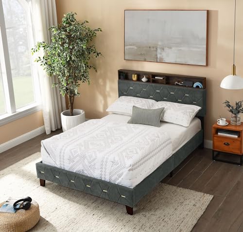 CuisinSmart Queen Size Bed Frame with Headboard,Storage & USB Ports & Outlets,No Box Spring Needed,78.5" x 57",Grey Bed Frame Furniture for Bedroom,Farmhouse,Hotel