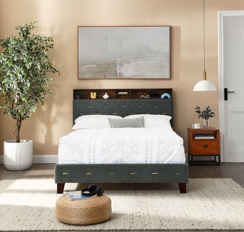 CuisinSmart Queen Size Bed Frame with Headboard,Storage & USB Ports & Outlets,No Box Spring Needed,78.5" x 57",Grey Bed Frame Furniture for Bedroom,Farmhouse,Hotel