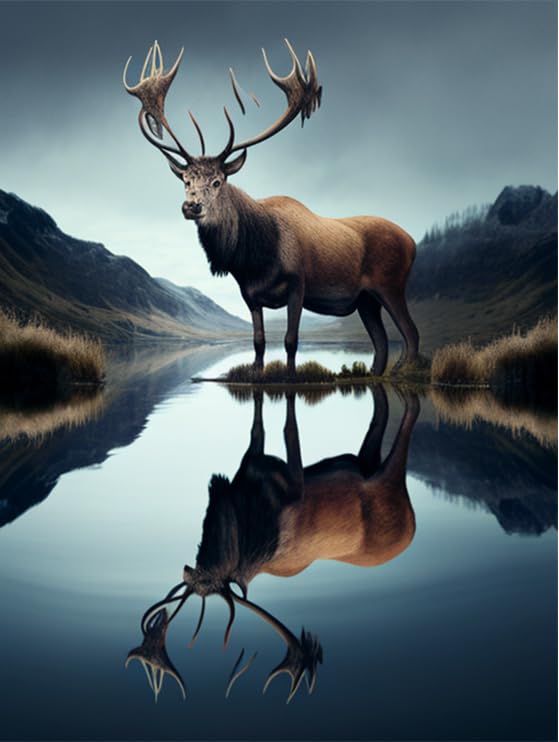 5D DIY Diamond Painting Kits Full Drill,Diamond Painting Kits Art,Animal Diamond Art, Elk on The Water Diamond Painting Craft for Home Office Wall Decor 12x16 inch