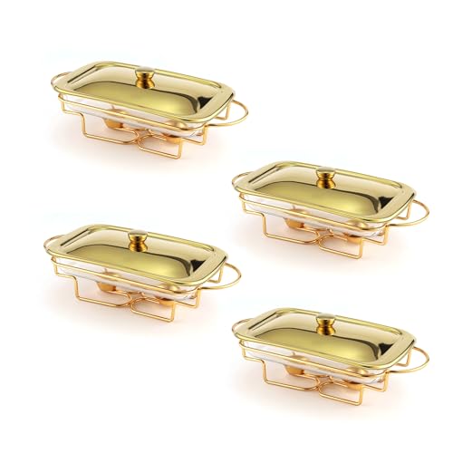 TUOJINRUIDA Gold Frame Chafing Dish Buffet Set - 2.0L x 4 Pack Elegant Warmer Server with Dual Fuel Holders Rectangular Food Warming Tray Gold