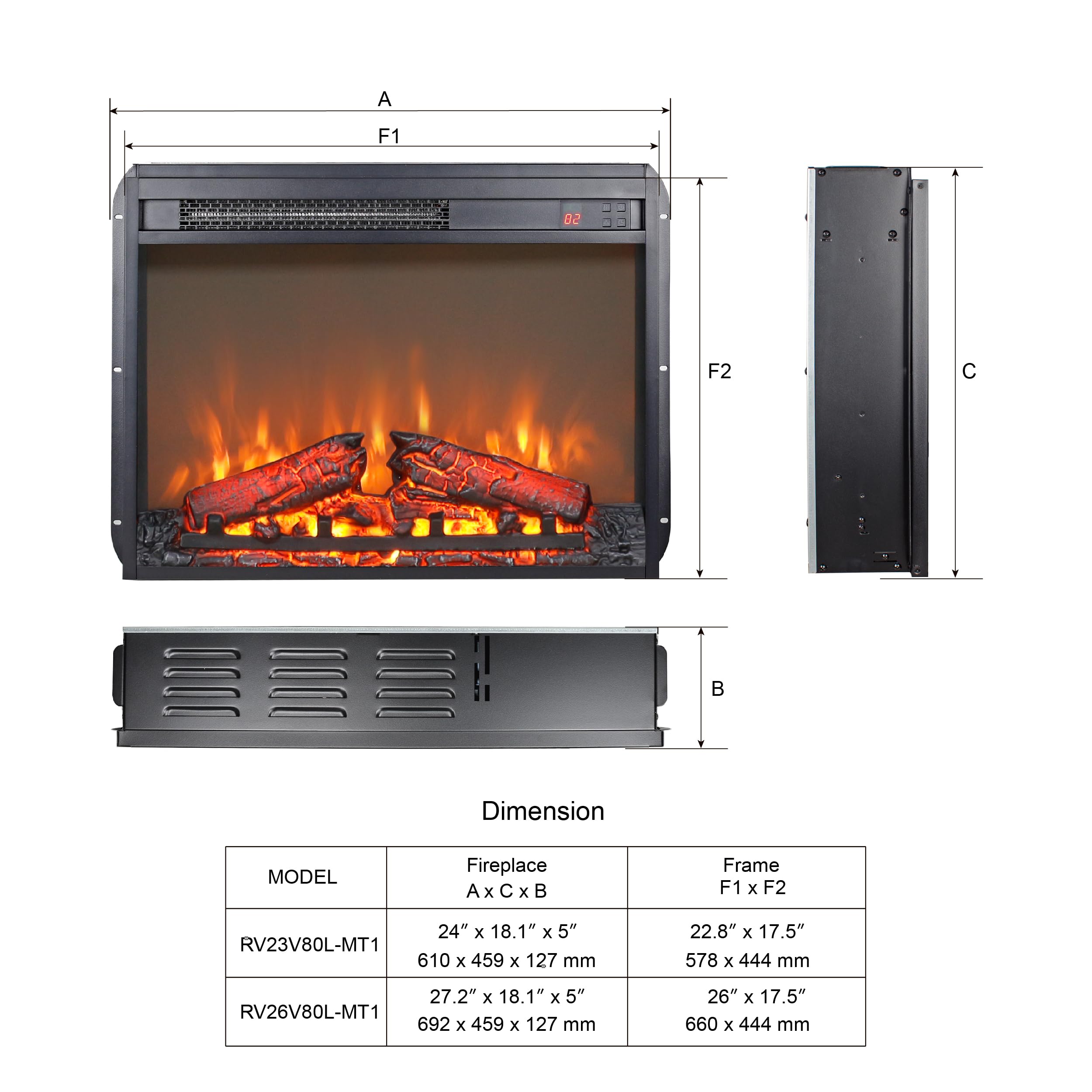 Buxiwo 26 inch Electric Fireplace Insert,Ultra Thin Wall Mounted Heater with Log Set & Realistic Flame,1400W,Remote Control with Timer,Overheating Protection,Tempered Glass,Sheet Metal,Plastic