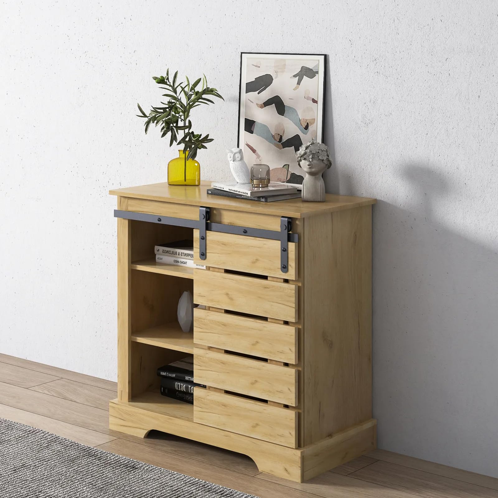 IULULU Buffet Cabinet, Wooden Accent Sideboard with Sliding Barn Door and Interior Shelves for Hallway, Kitchen, Living Room, Bedroom Table, Natural