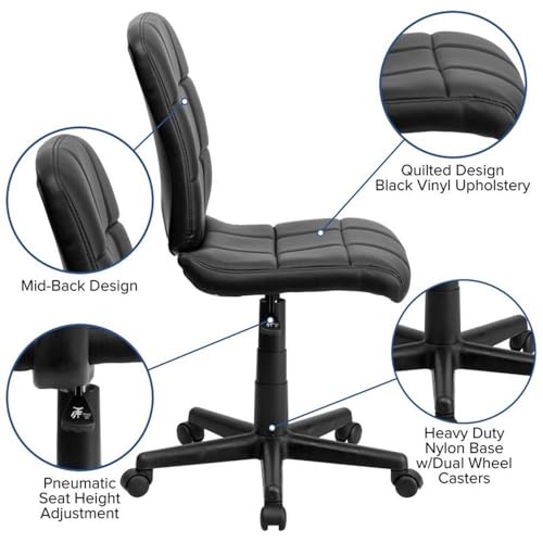 Pemberly Row Contemporary Mid Back Quilted Office Swivel Chair in Black