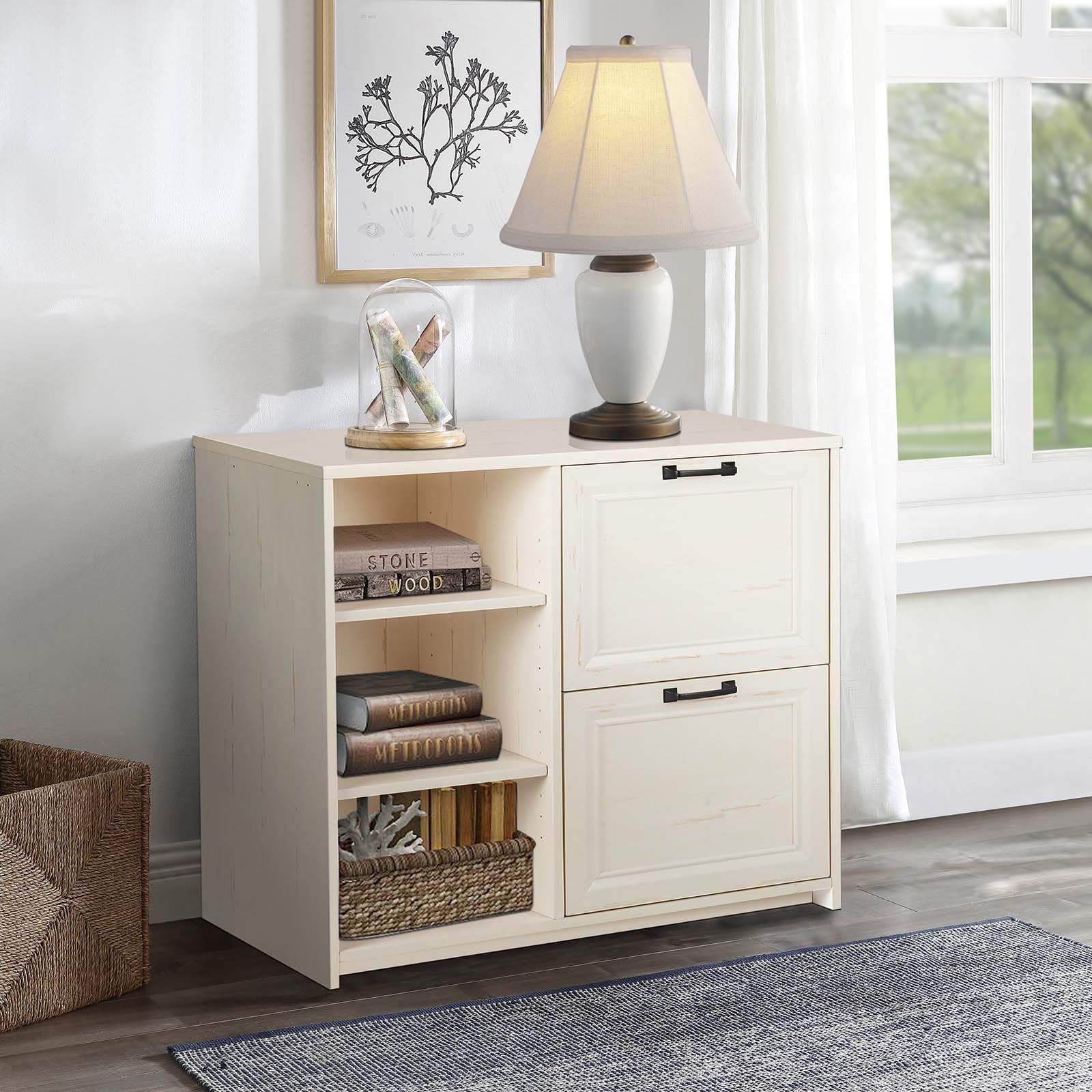 AGHDECO 32" Lateral Filing Cabinet, Large Wood Printer Stand with 2 File Drawers and 3 Shelves, Filing Cabinet with Open Storage Shelves and Organization for Home Office, Antique White