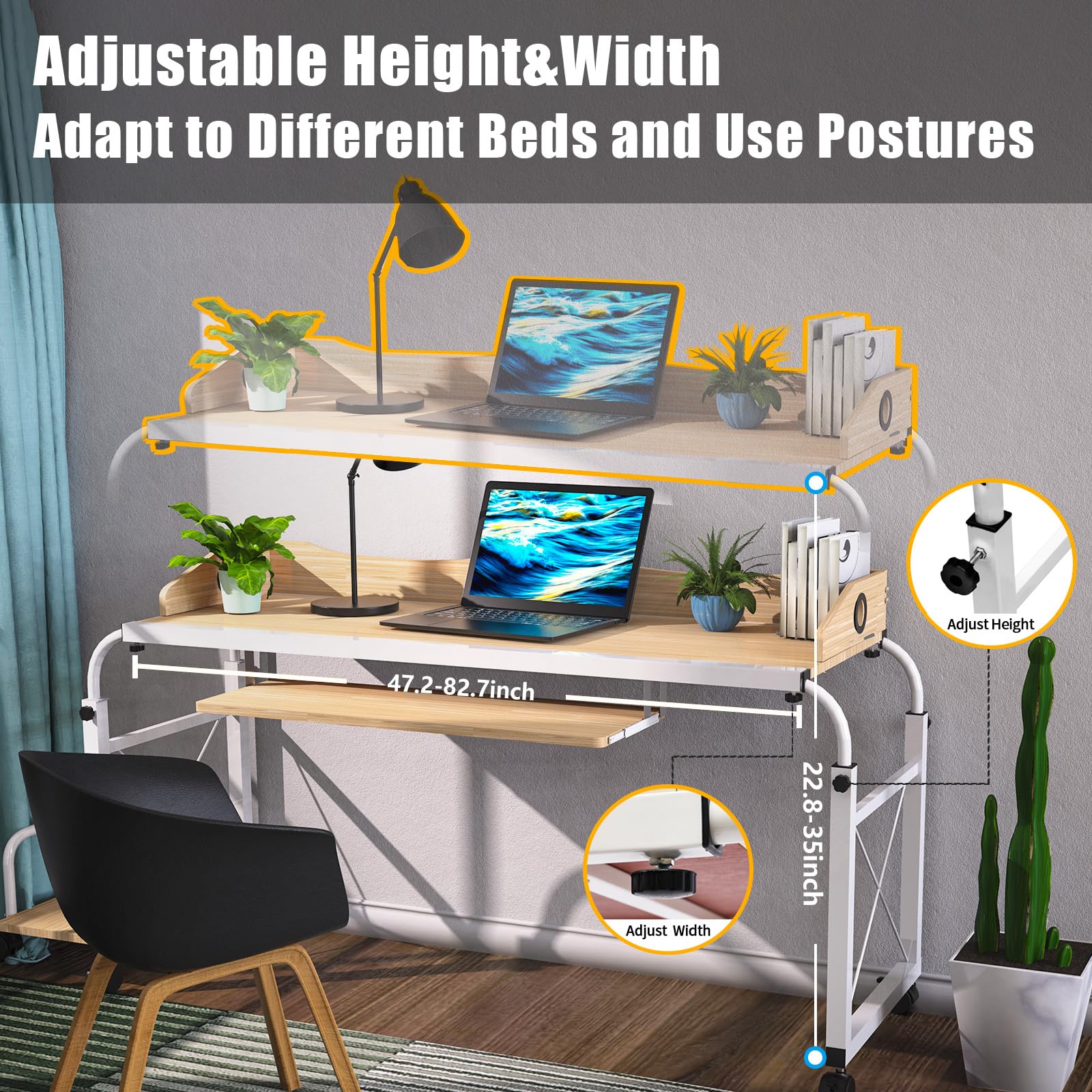 PaNeTnya Mobile Multifunctional Table Computer Desk,Height Adjustable Overbed Table with Wheels,Standing Workstation Laptop Cart,Rolling Bed Desk for Bedroom,Dining Room,Living Room