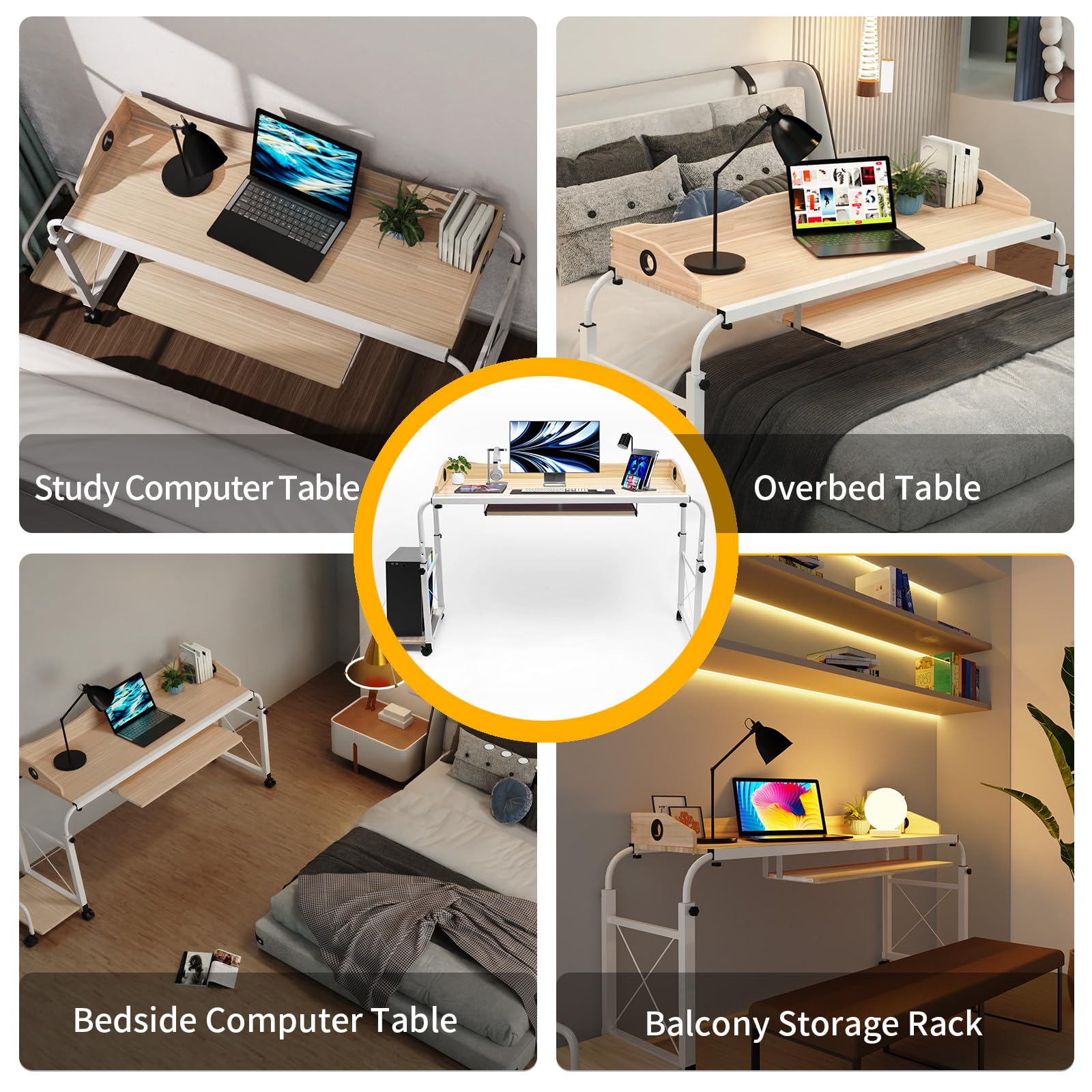 PaNeTnya Mobile Multifunctional Table Computer Desk,Height Adjustable Overbed Table with Wheels,Standing Workstation Laptop Cart,Rolling Bed Desk for Bedroom,Dining Room,Living Room