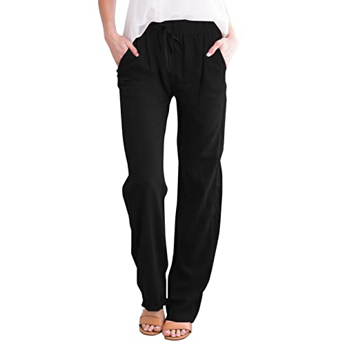 Women Loose Pants Red Linen Pants Linen Pants Women Wide Leg Pants Fashion Drawstring Elastic Trousers Comfy Straight Leg Long Pants with (B4-Black, XL) Unusual Gifts