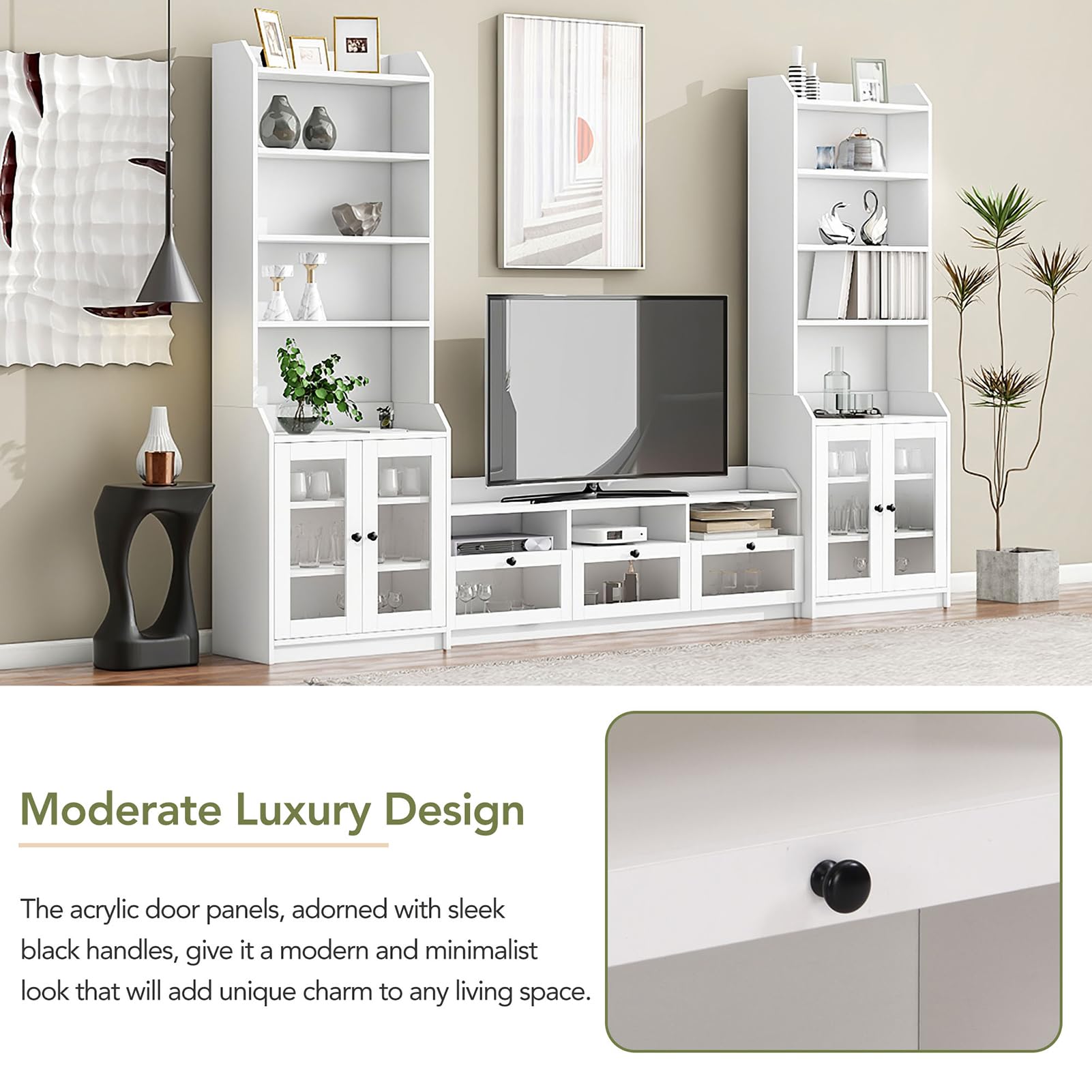 Modern Chic Elegant Entertainment Wall Unit with Tall Cabinets, Multifunctional TV Stand Set for TVs Up to 70", Television Stand with Acrylic Board Door, for Living Room, White