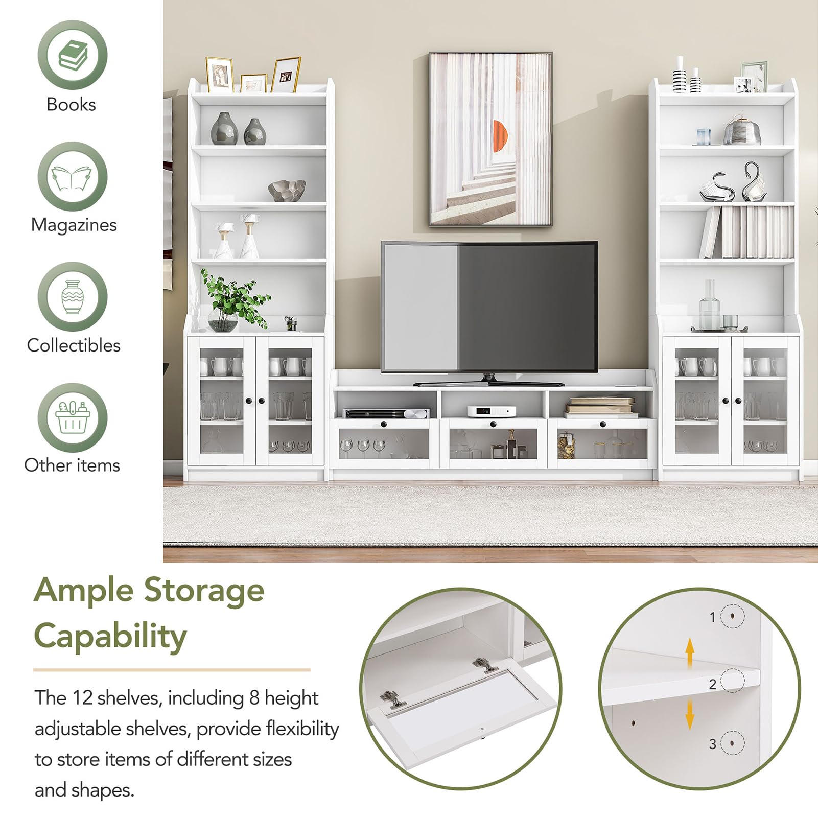 Modern Chic Elegant Entertainment Wall Unit with Tall Cabinets, Multifunctional TV Stand Set for TVs Up to 70", Television Stand with Acrylic Board Door, for Living Room, White