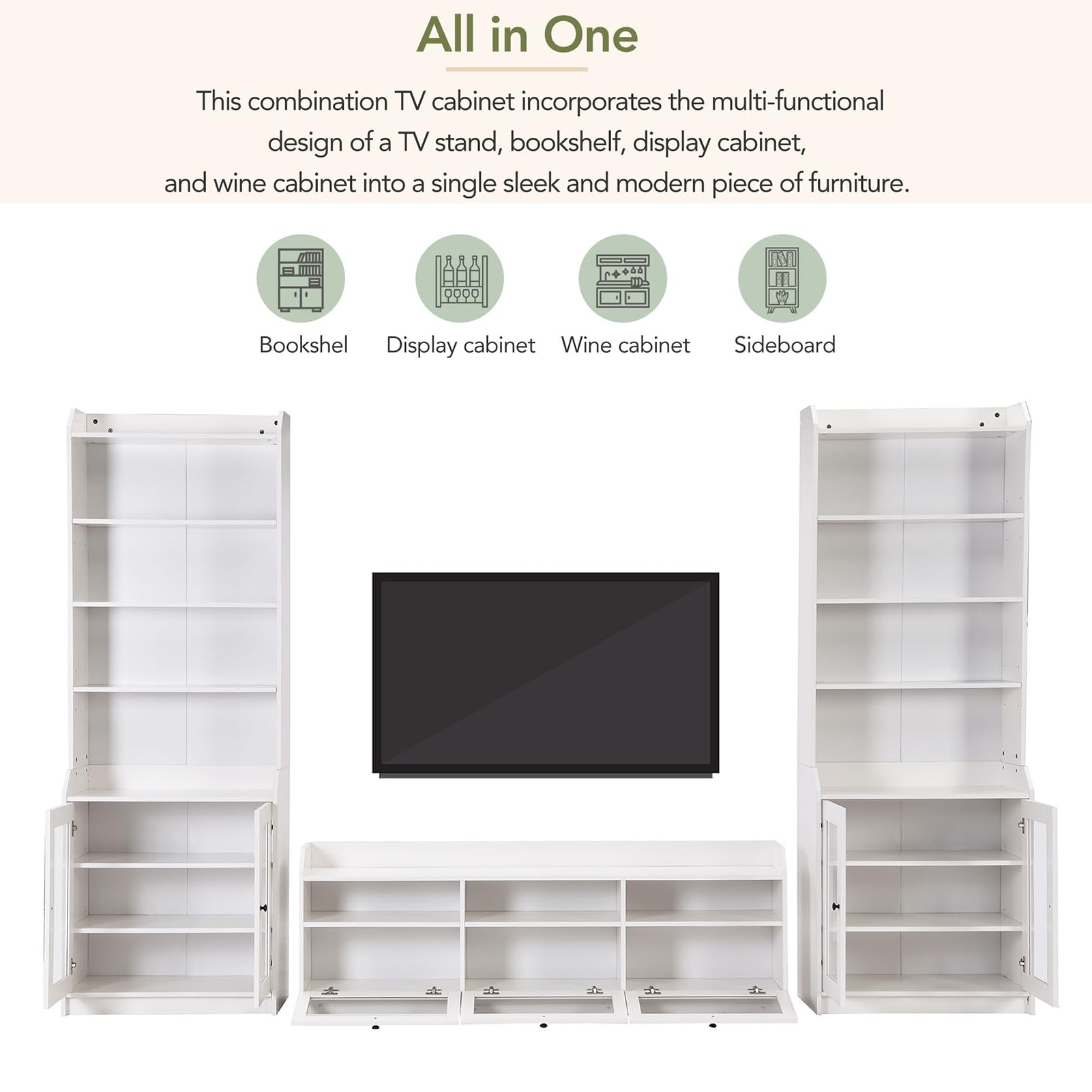 Modern Chic Elegant Entertainment Wall Unit with Tall Cabinets, Multifunctional TV Stand Set for TVs Up to 70", Television Stand with Acrylic Board Door, for Living Room, White