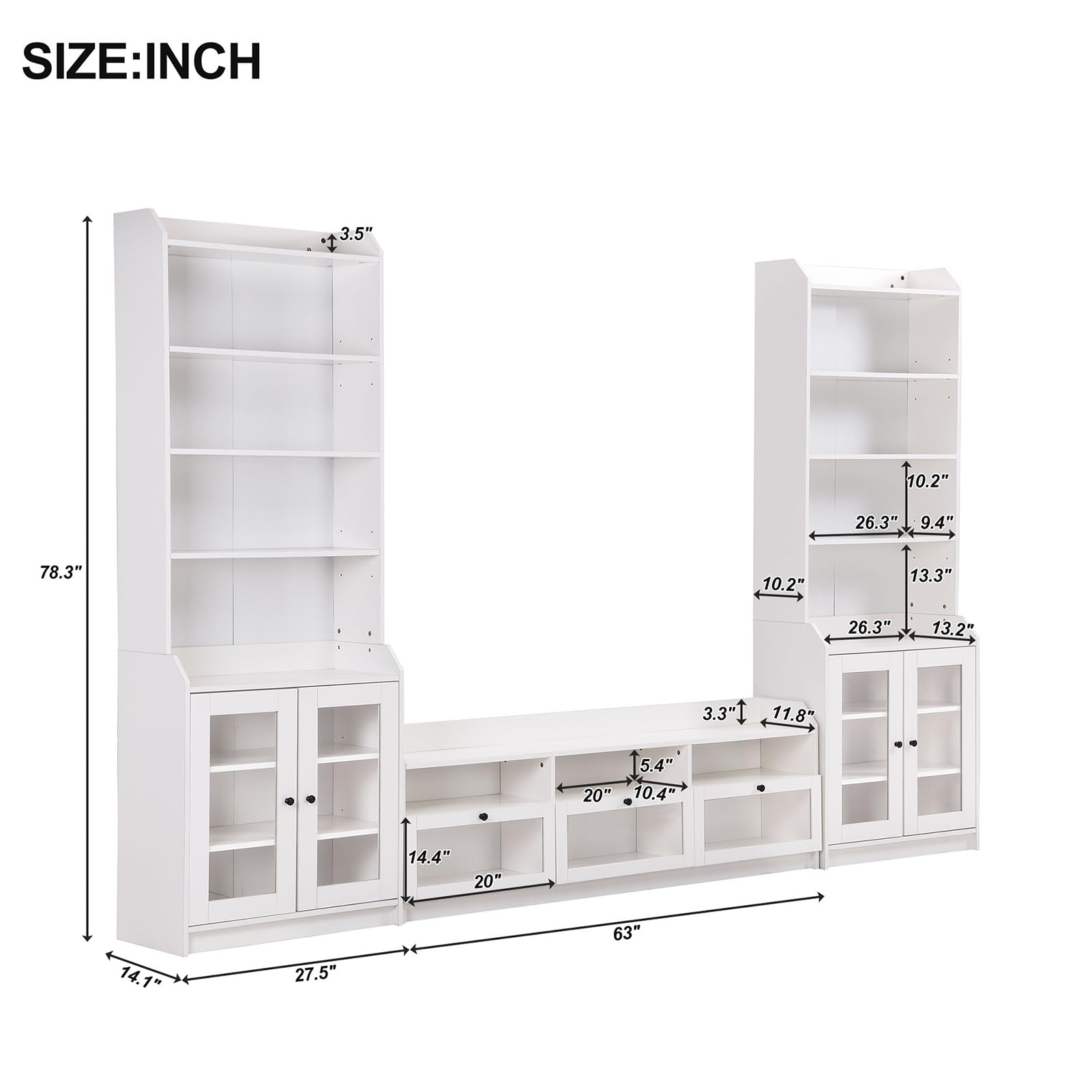 Modern Chic Elegant Entertainment Wall Unit with Tall Cabinets, Multifunctional TV Stand Set for TVs Up to 70", Television Stand with Acrylic Board Door, for Living Room, White