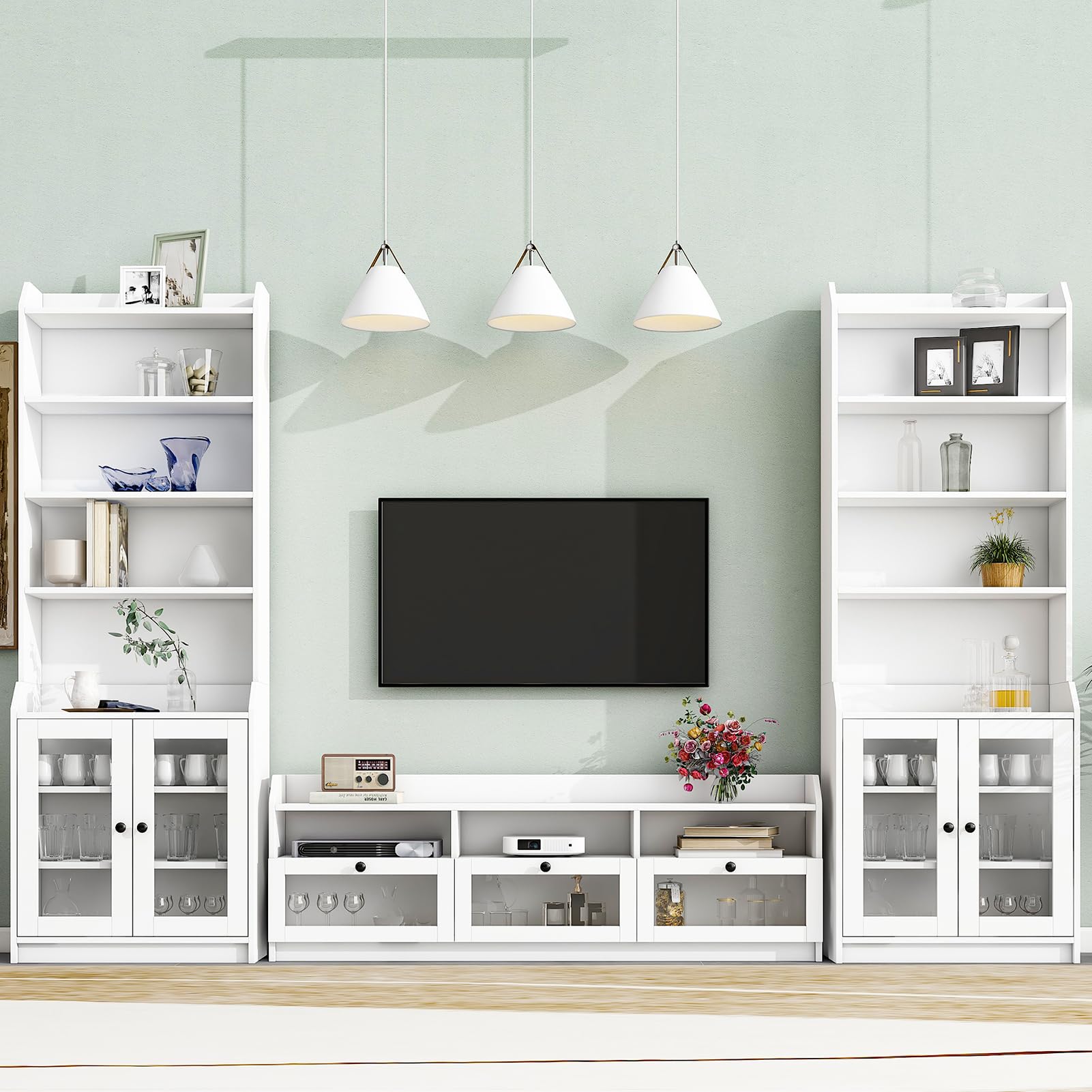 Modern Chic Elegant Entertainment Wall Unit with Tall Cabinets, Multifunctional TV Stand Set for TVs Up to 70", Television Stand with Acrylic Board Door, for Living Room, White