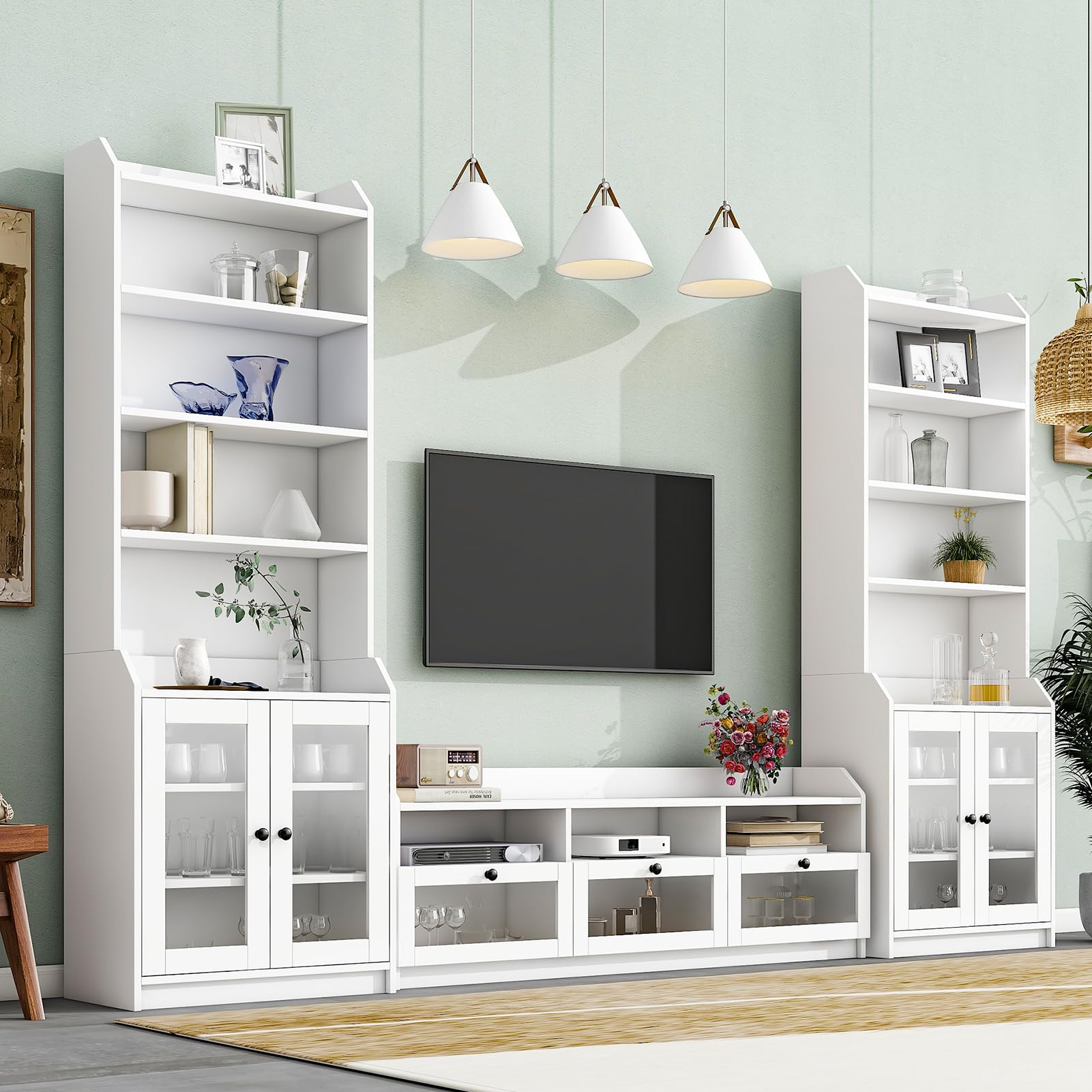 Modern Chic Elegant Entertainment Wall Unit with Tall Cabinets, Multifunctional TV Stand Set for TVs Up to 70", Television Stand with Acrylic Board Door, for Living Room, White