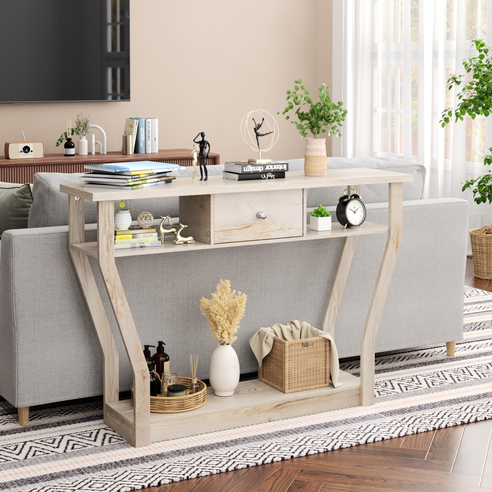 KOTEK 47'' Console Table with Storage Drawer and Shelves, Narrow Sofa Table, Accent Foyer Table, Entryway Table for Hallway, Living Room, Easy Assembly (Grey)