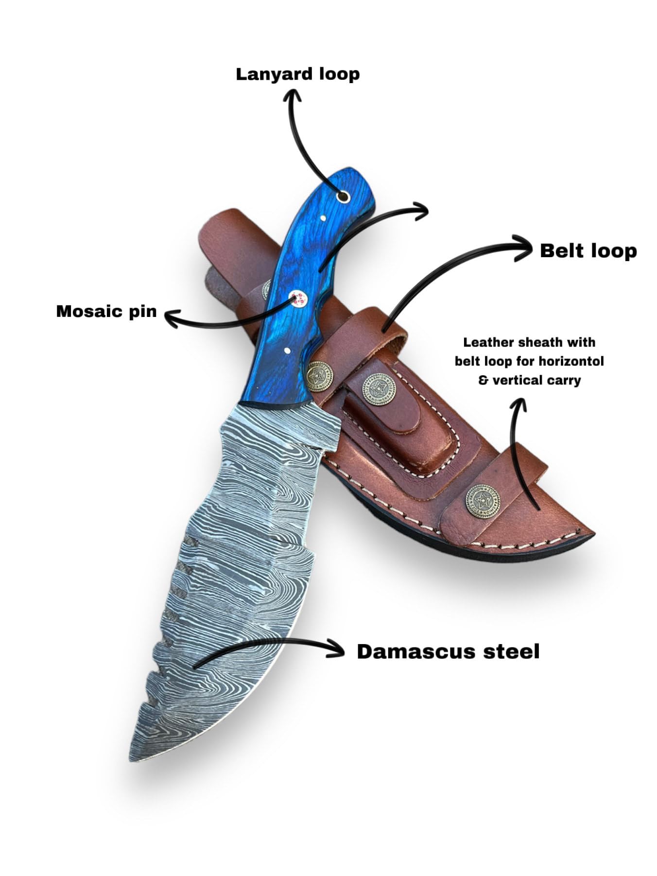 Handmade Hunting Damascus steel Hunting Knife with Genuine Leather Sheath | 10'’ EDC Knife for Men | Fixed Blade Outdoor Knife with Blue Pakka Wood Handle | Damascus Razor Sharp Blade 5212-Blue
