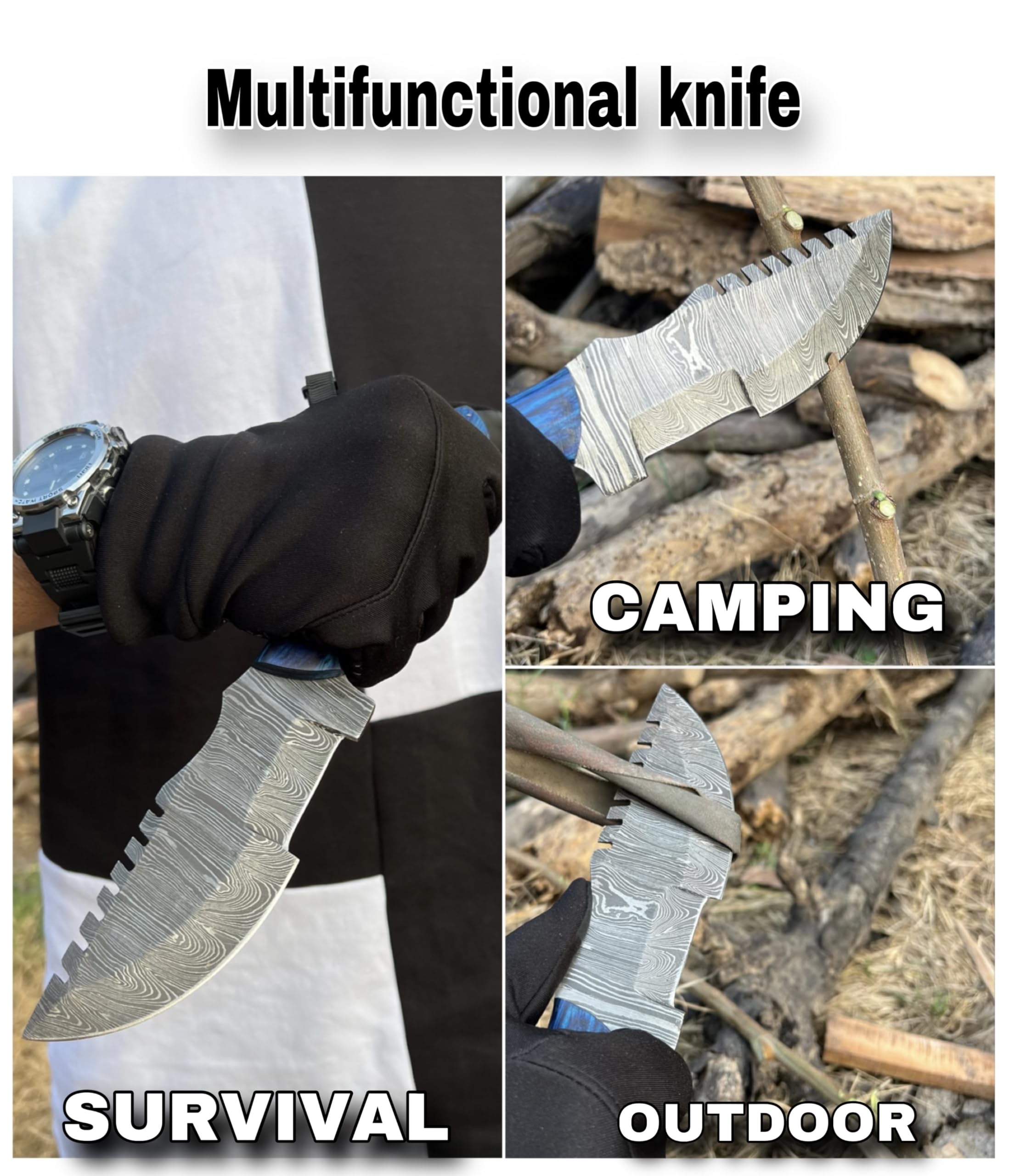 Handmade Hunting Damascus steel Hunting Knife with Genuine Leather Sheath | 10'’ EDC Knife for Men | Fixed Blade Outdoor Knife with Blue Pakka Wood Handle | Damascus Razor Sharp Blade 5212-Blue