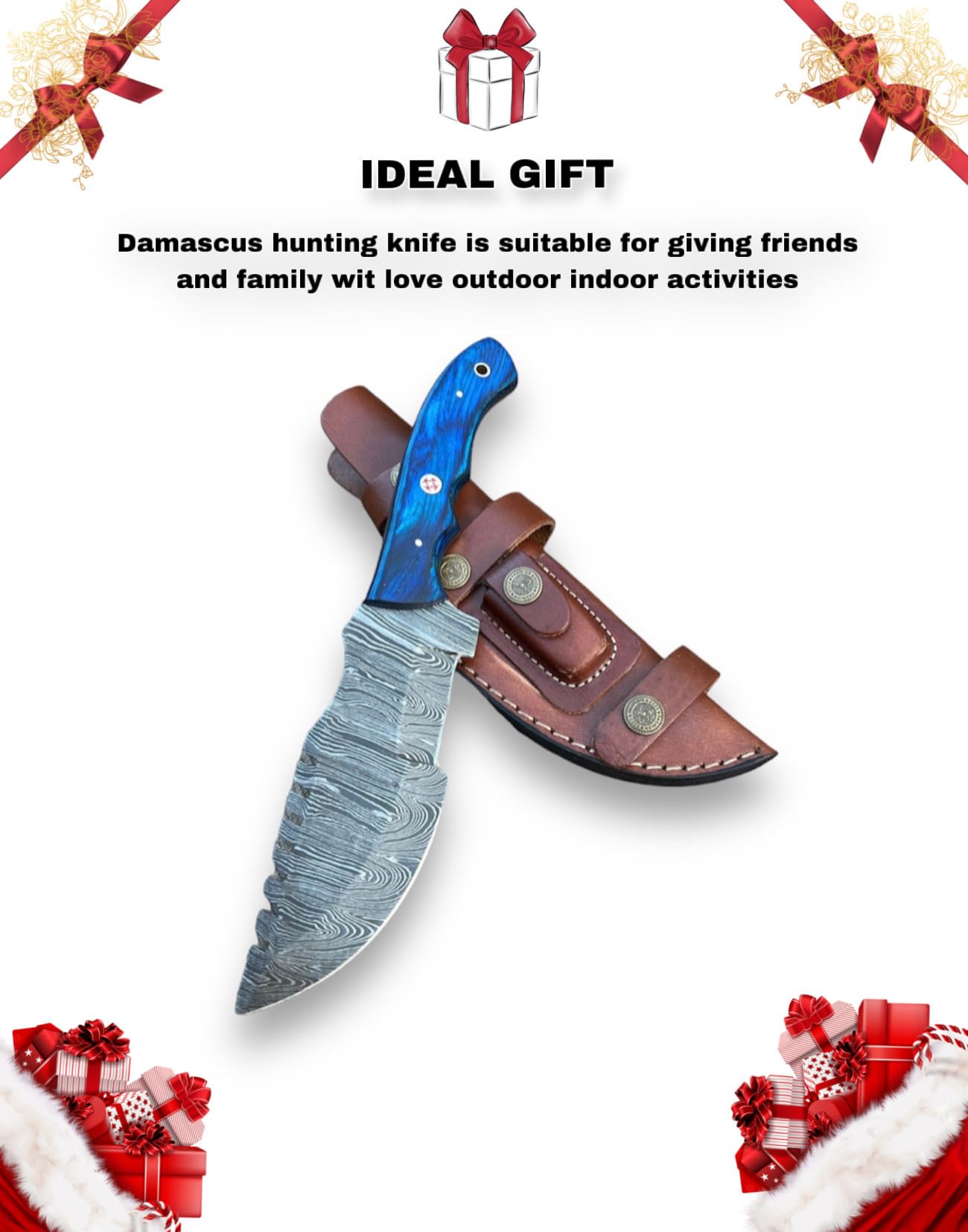 Handmade Hunting Damascus steel Hunting Knife with Genuine Leather Sheath | 10'’ EDC Knife for Men | Fixed Blade Outdoor Knife with Blue Pakka Wood Handle | Damascus Razor Sharp Blade 5212-Blue