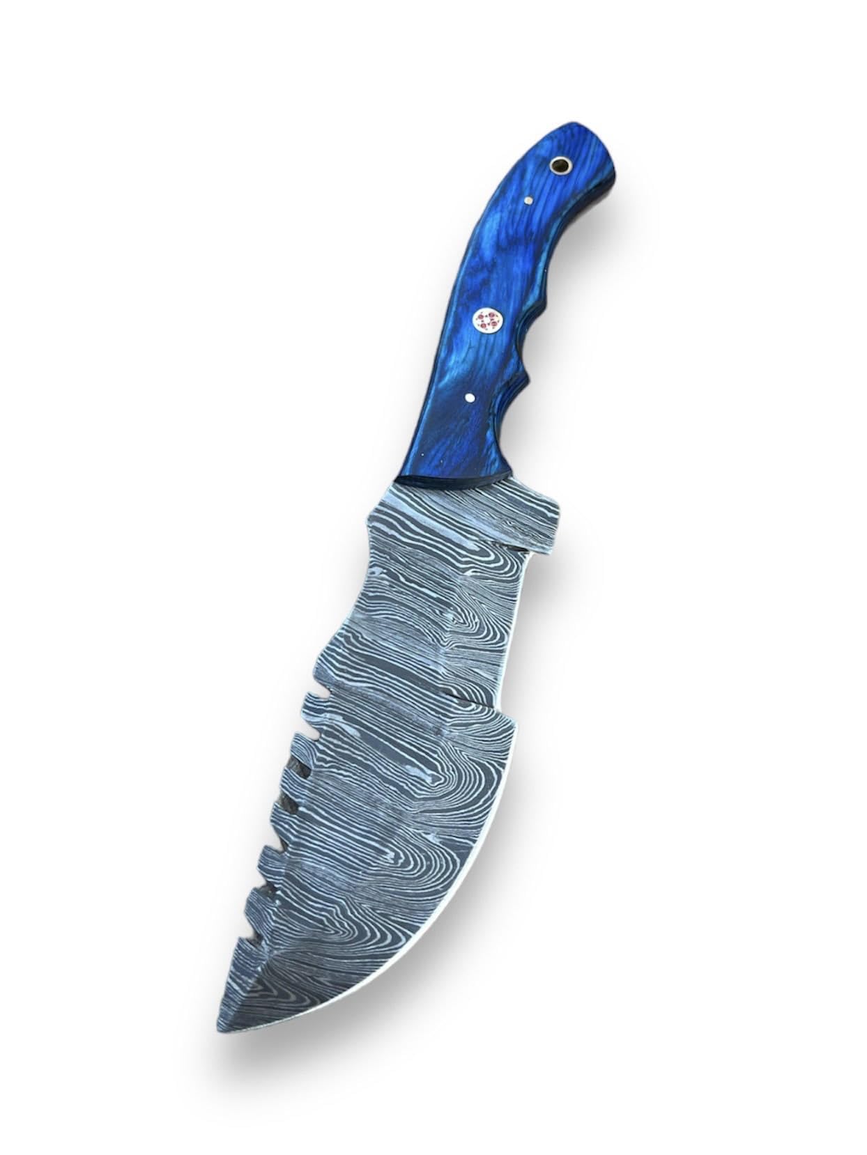 Handmade Hunting Damascus steel Hunting Knife with Genuine Leather Sheath | 10'’ EDC Knife for Men | Fixed Blade Outdoor Knife with Blue Pakka Wood Handle | Damascus Razor Sharp Blade 5212-Blue