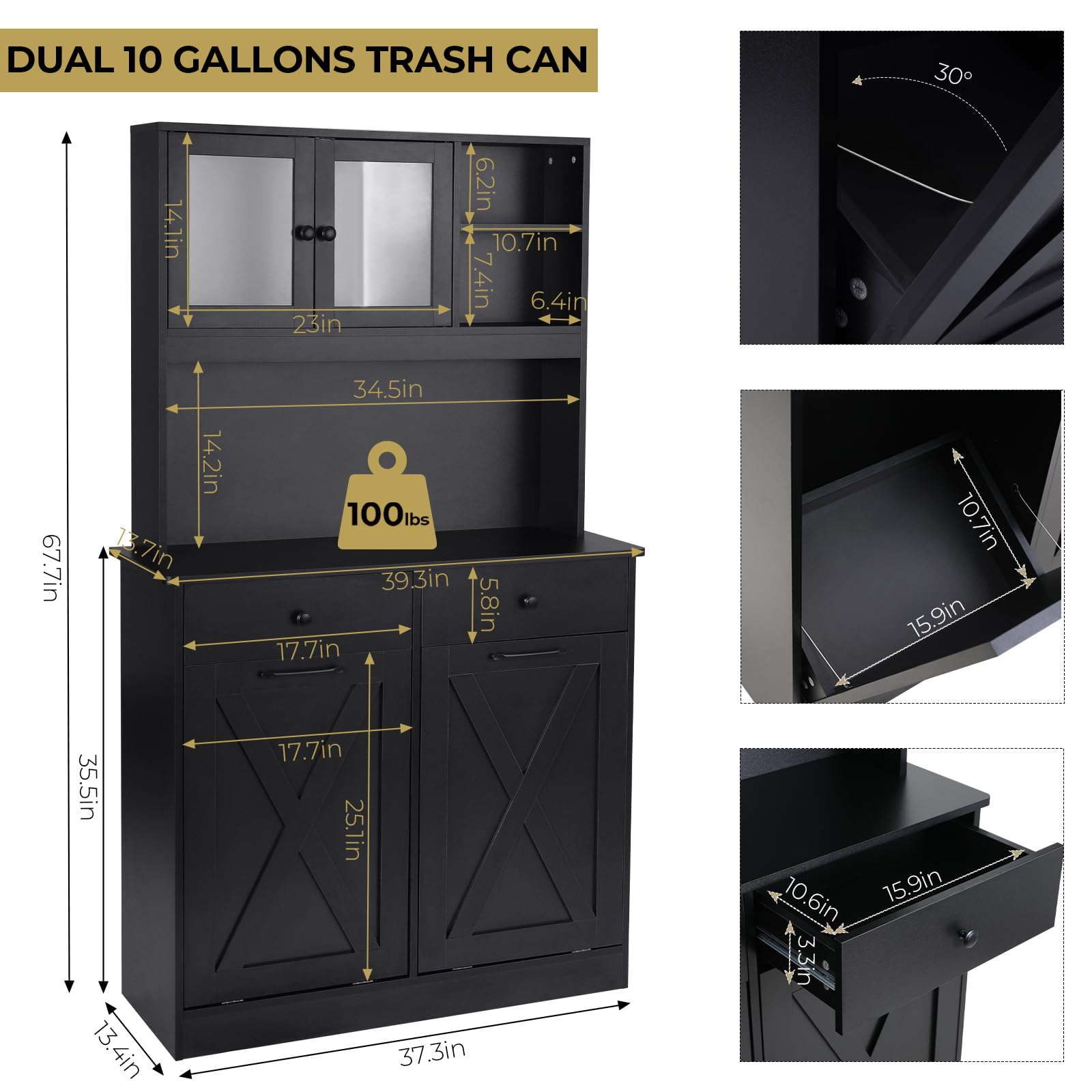 Arlopu Dual Tilt Out Trash&Storage Cabinet, Kitchen Sideboard Cupboard W/Pet Proof 10X2 Gal Hidden Garbage Holder, Freestand Laundry Sort Cabinet, W/Drawer, Shelves,Barn Door (Black)