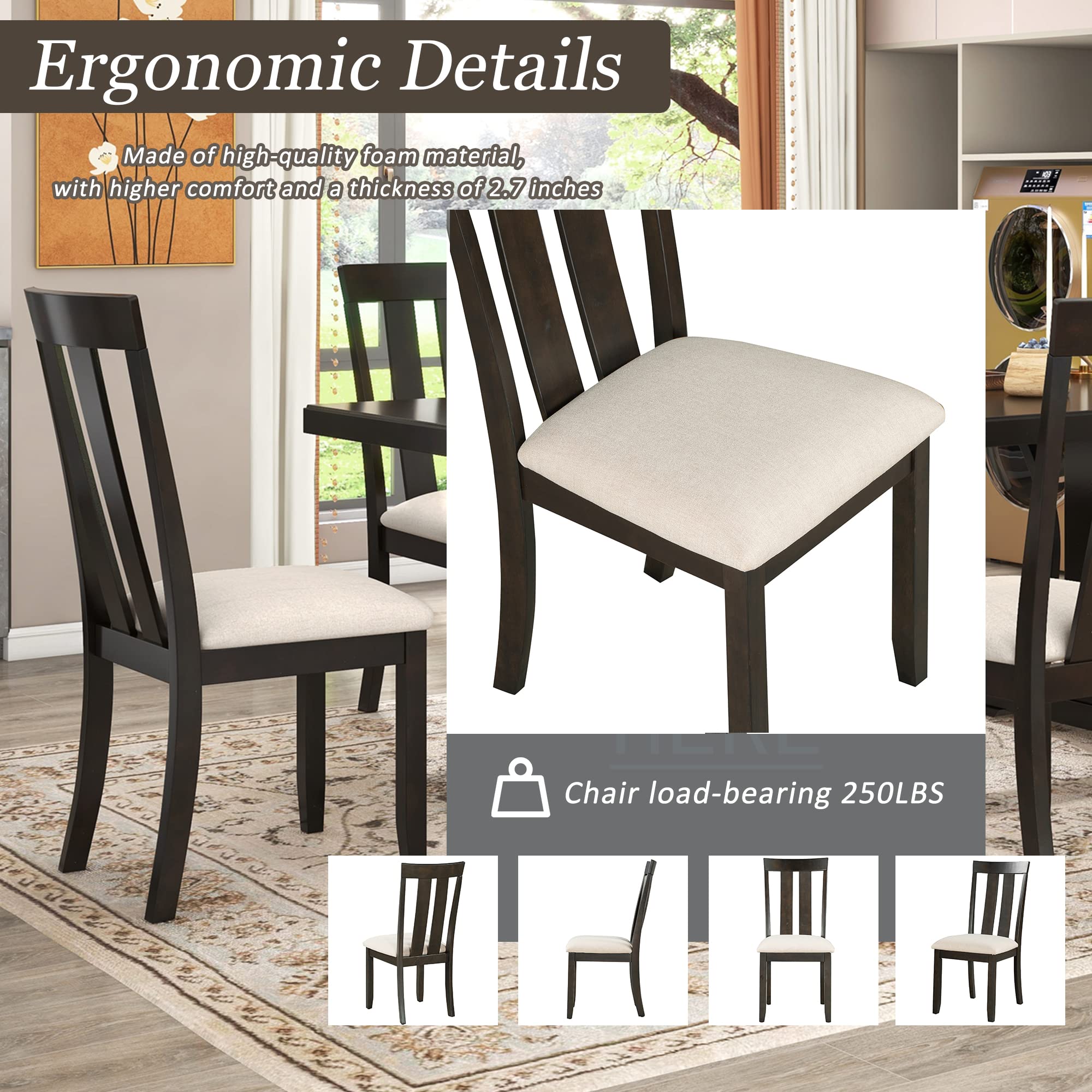 KoiHome Set of 4 Seat Cushions and Curved Back, Soft Fabric Chairs with Solid Wood Legs for Indoor Dining Room, Restaurant, Kitchen, Veneer Birch Finish (Espresso)