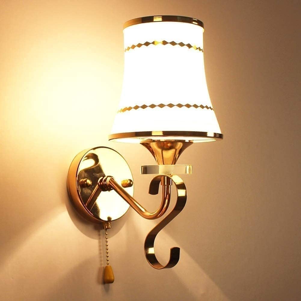 BytheM Wall Lamp White Glass Shade Wall Light Fixtures Golden Finish Retro Indus Candle Crystal Wall Sconce with Pull Cord On/Off Switch Wall Mount Lighting Fixture