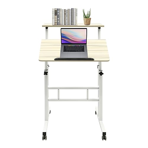 PaNeTnya Mobile Standing Desk,Adjustable Stand up Desk with Wheels,Portable Rolling Office Workstation Desk,Computer Desk Laptop Desk for Home Office Couch studyroom etc (Oak)