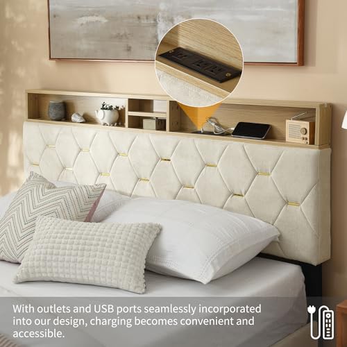 Haplized Queen Size Bed Frame with Storage, Shelf Upholstered Headboard, Platform Bed with Outlet & USB Ports, Wood Legs, No Box Spring Needed, Easy Assembly, Beige