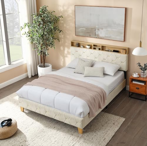 Haplized Queen Size Bed Frame with Storage, Shelf Upholstered Headboard, Platform Bed with Outlet & USB Ports, Wood Legs, No Box Spring Needed, Easy Assembly, Beige