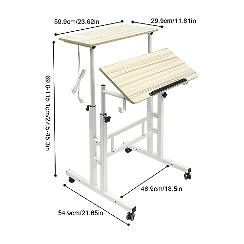 PaNeTnya Mobile Stand Up Desk,Adjustable Laptop Desk with Wheels,Standing Desk with USB Ports and Outlets,Office Desk Rolling Computer Desk Ideal for Home Office use (Oak)